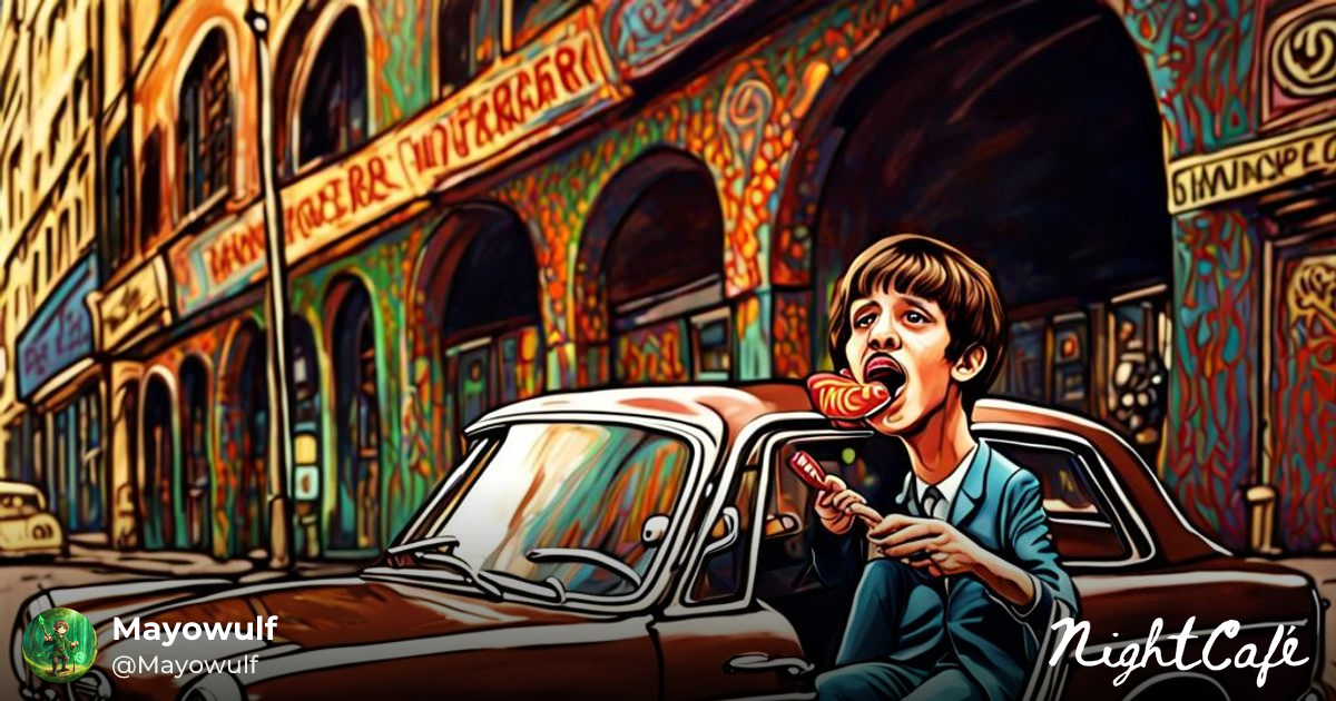 Ringo Starr in a car eating a candy bar