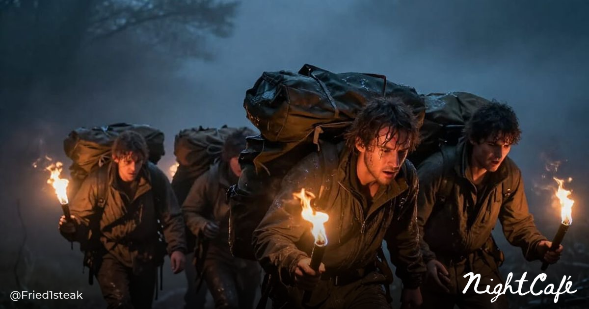 Explorers Trek Through Muddy Trail in Eerie Night ... - AI Art