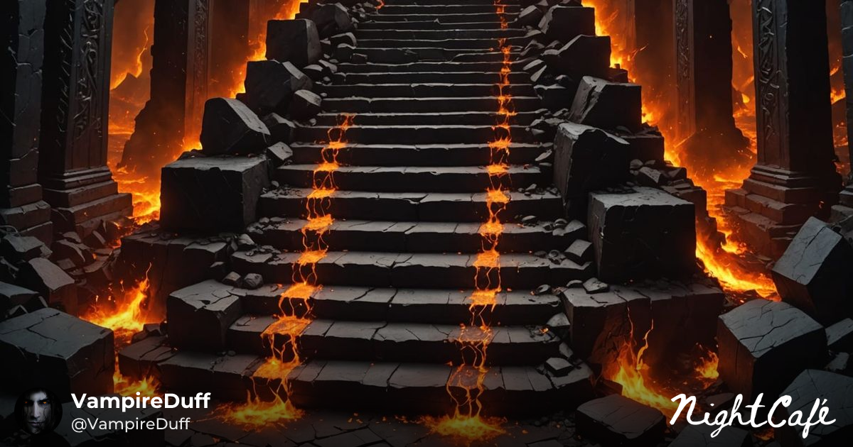 A colossal, obsidian stairway rising from the depths of a fiery ...