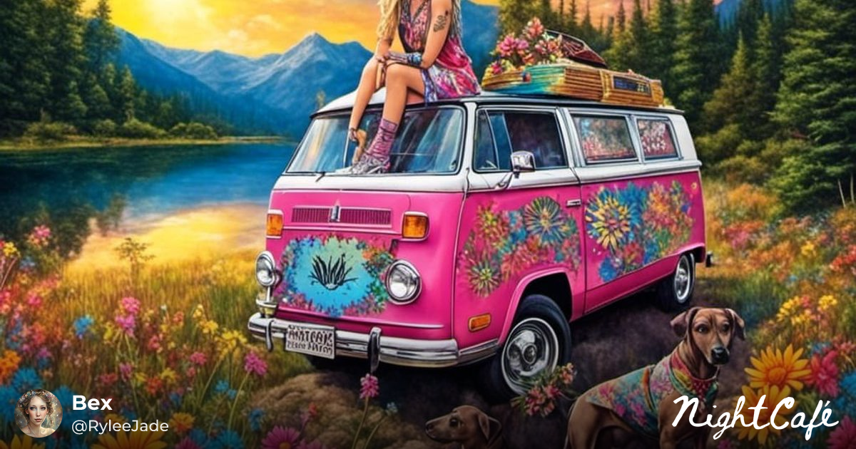 Rest stop - Colorful 1970s Hippie Scene with Psychedelic Art