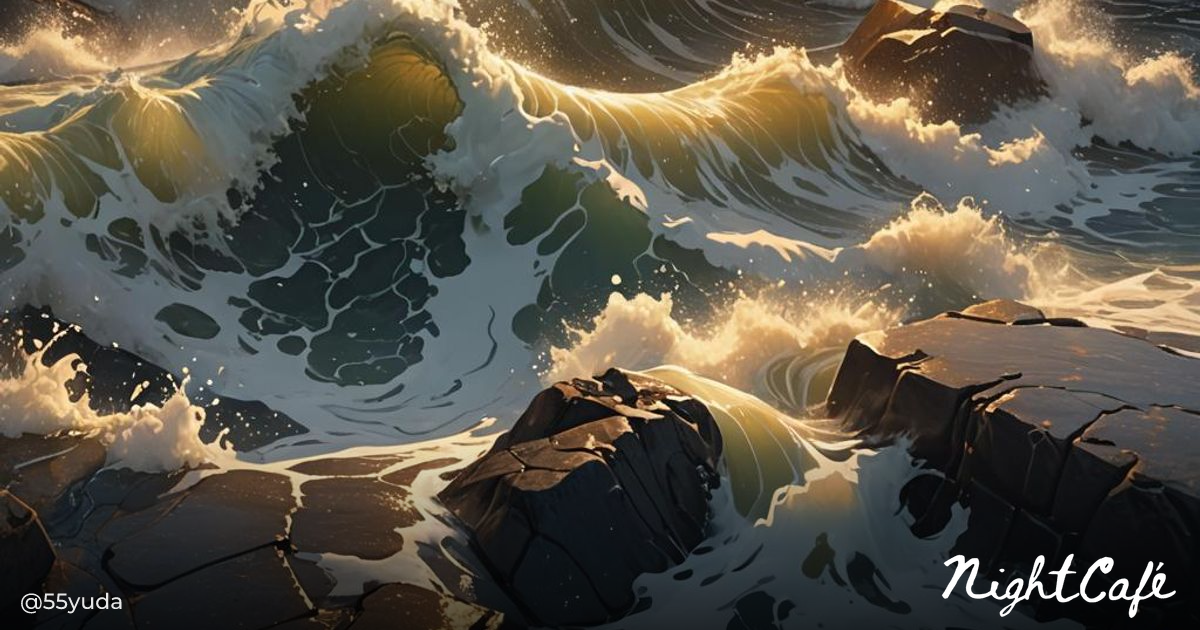 ניפוץ גלים - Sunrise Waves on Breakwater in Fantasy Style