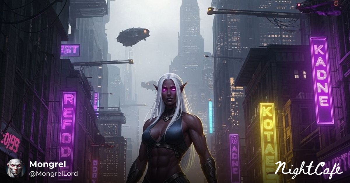 Cyberpunk Drow Woman with Neon Lighting, Hyperdeta... - AI Art
