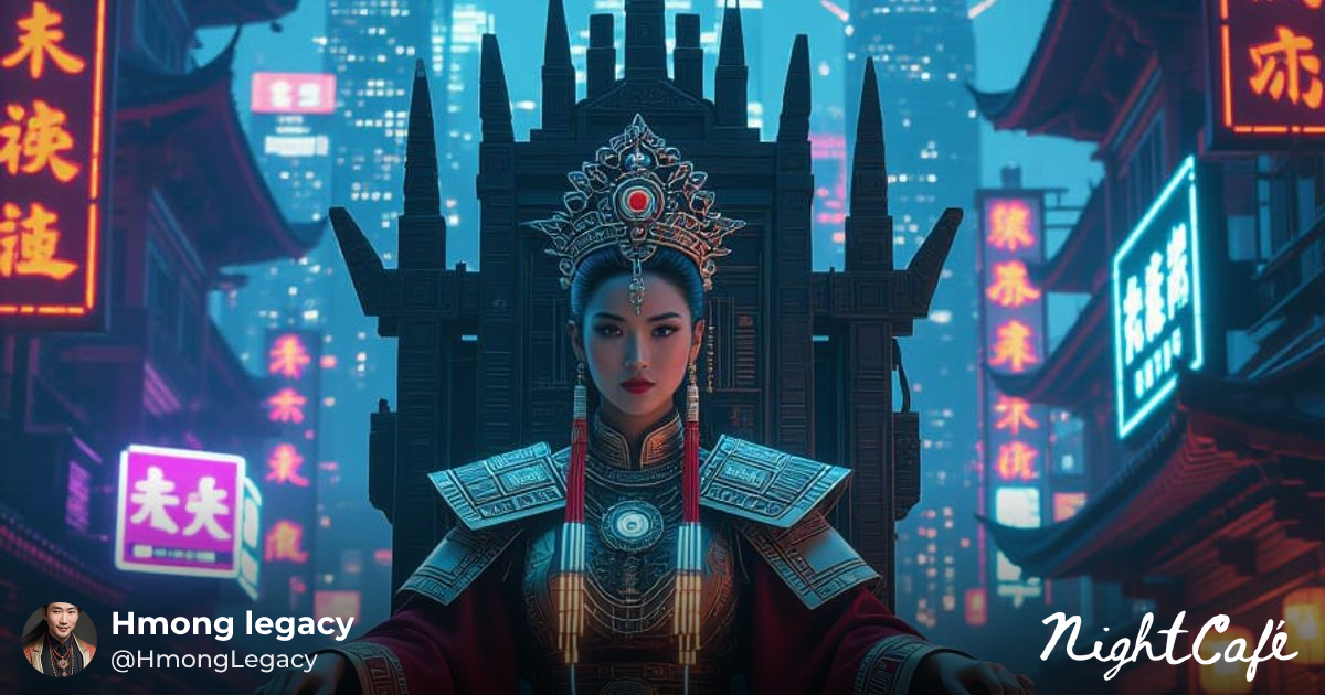 Picture a Hmong queen ruling a cyberpunk city, her throne made of ...
