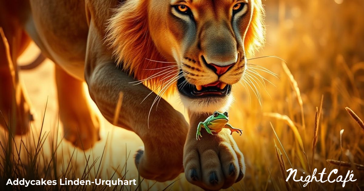 Lion Chases Frog Through Vibrant Savannah Landscap... - AI Art