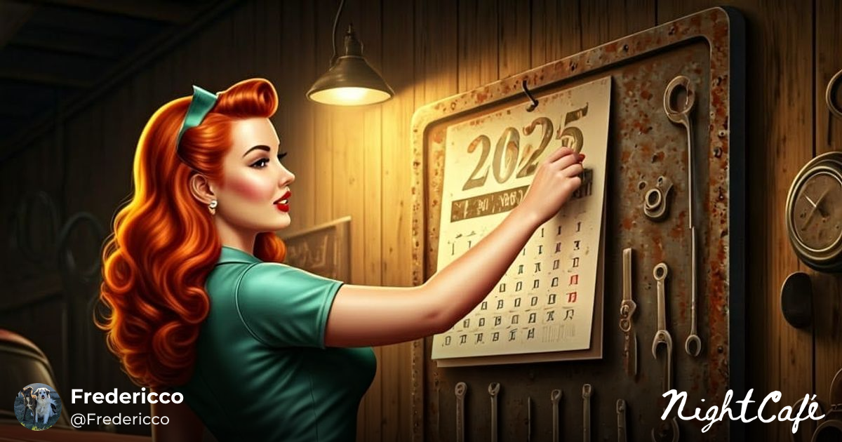 Retro Pin-Up Girl Hangs 2025 Calendar in Vintage 1... - AI Art
