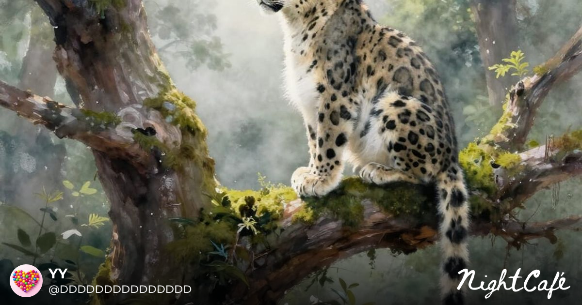 Snow Leopard on Branch in Misty Forest - AI Art