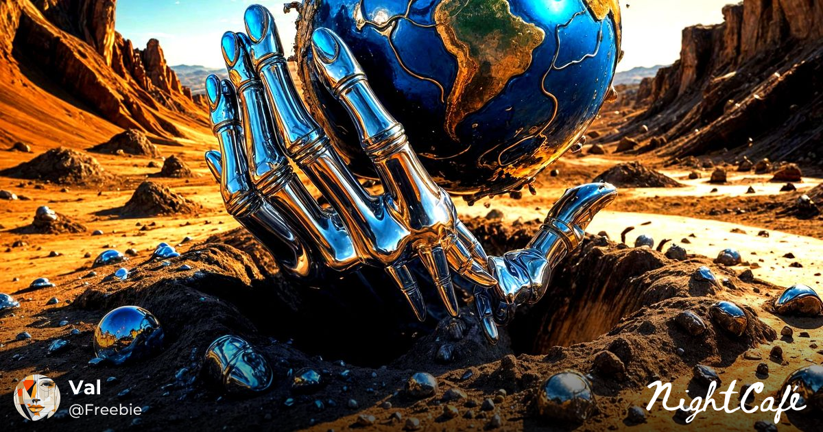 Surreal Chrome Hand Emerges from the Earth - AI Art