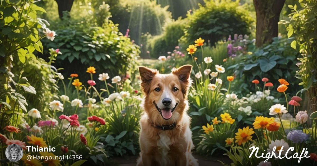 Happy dog in a magic garden - Happy Dog in Magic Garden with...