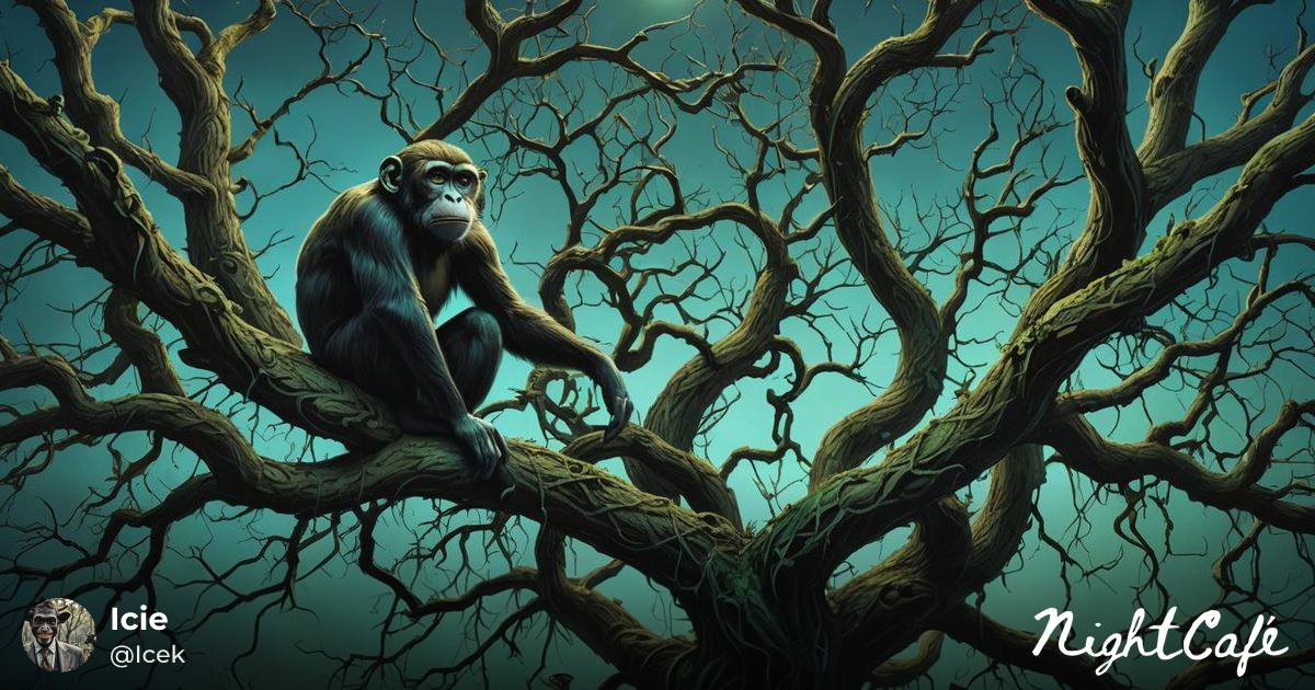 the monkey - Eerie Surrealism: Monkey in Twisted Tree