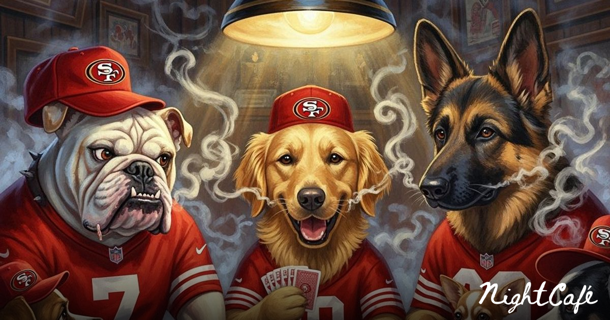 Dogs Playing Poker in 49ers Gear, Comic Book Style - AI Art