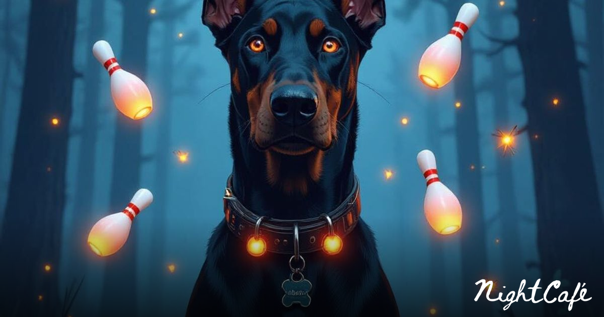 Doberman Juggling Bowling Pins in Misty Forest - AI Art