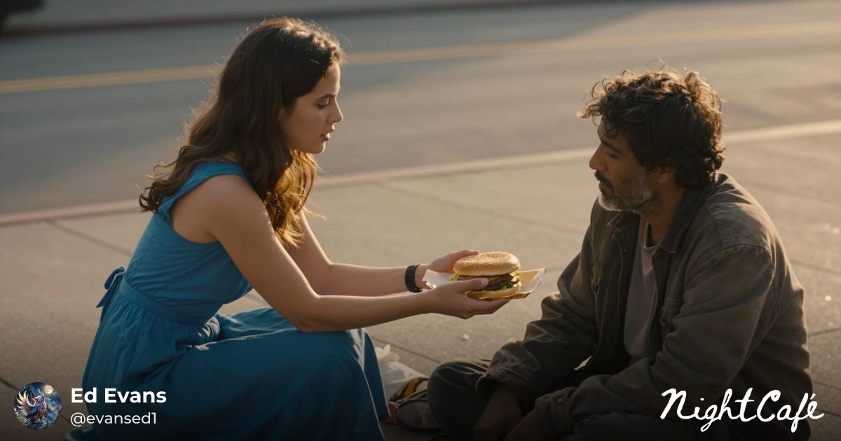 Compassionate Woman Gives Food to Homeless Man - AI Art