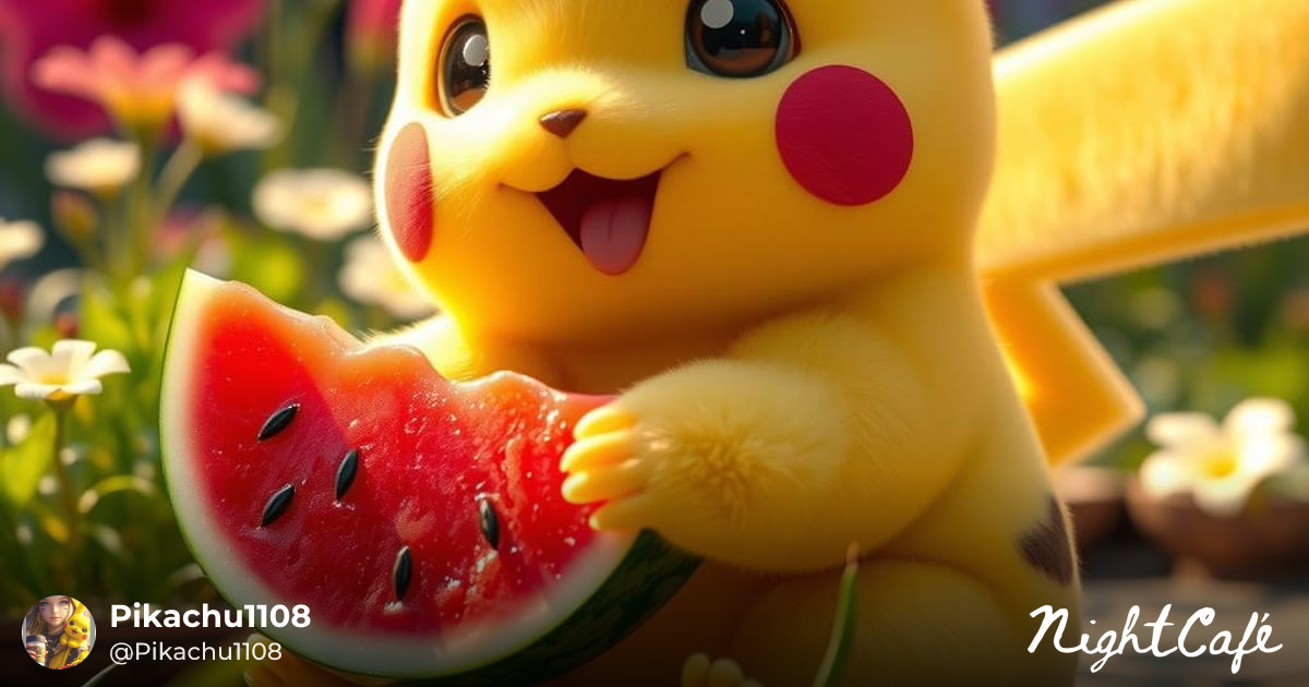 Cute Baby Pikachu Enjoying Watermelon in a Whimsic... - AI Art