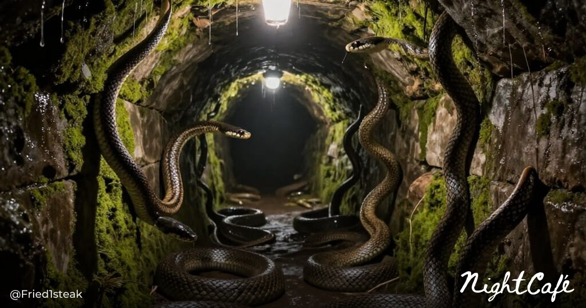 Hyperrealistic Ancient Sewer Tunnel Filled With Sn... - AI Art