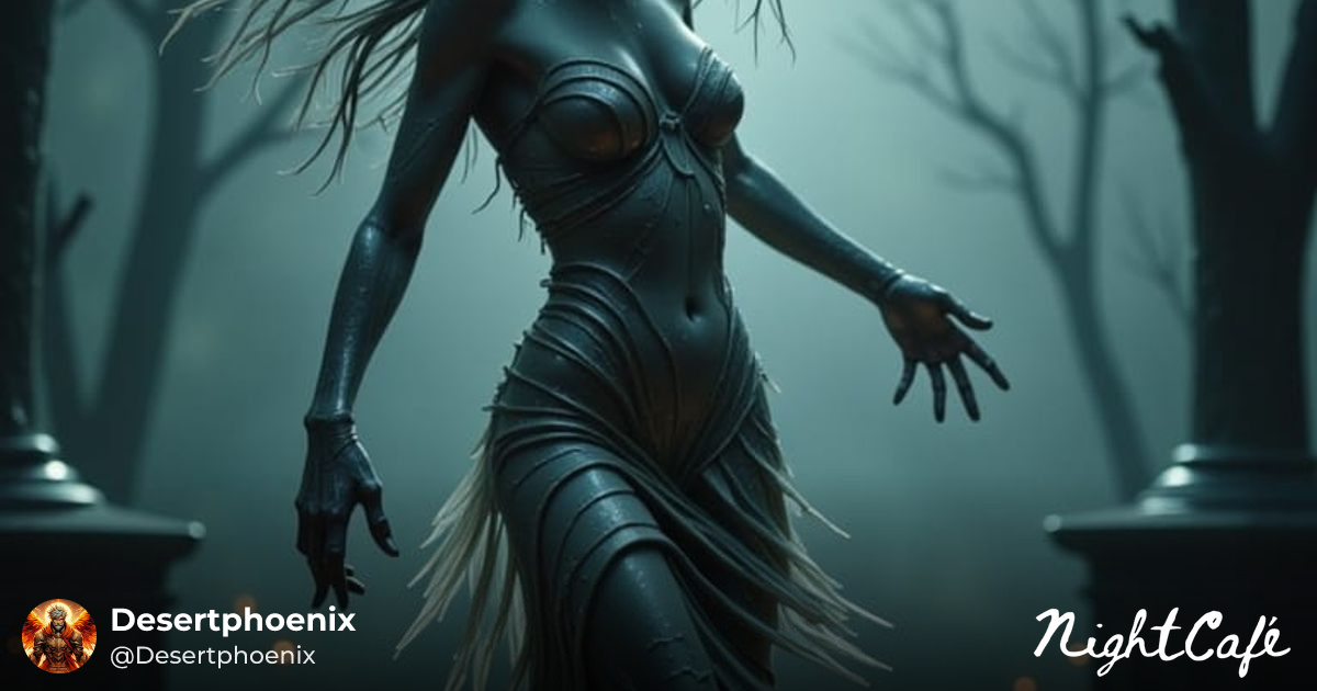 Portrait Female zombie in cemetery, dancing, twirling, evening gown. Crazy, Rotting, festering ...