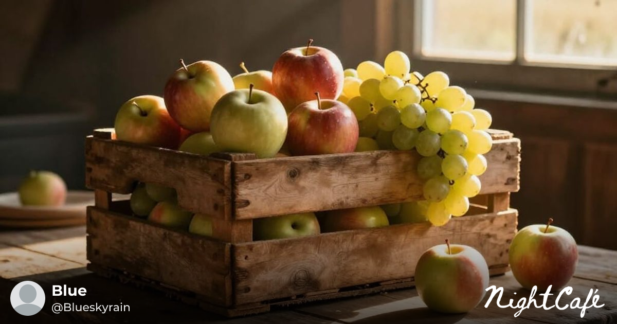 Sunlit Fruit Crate on Farm Table in Dramatic Light - AI Art