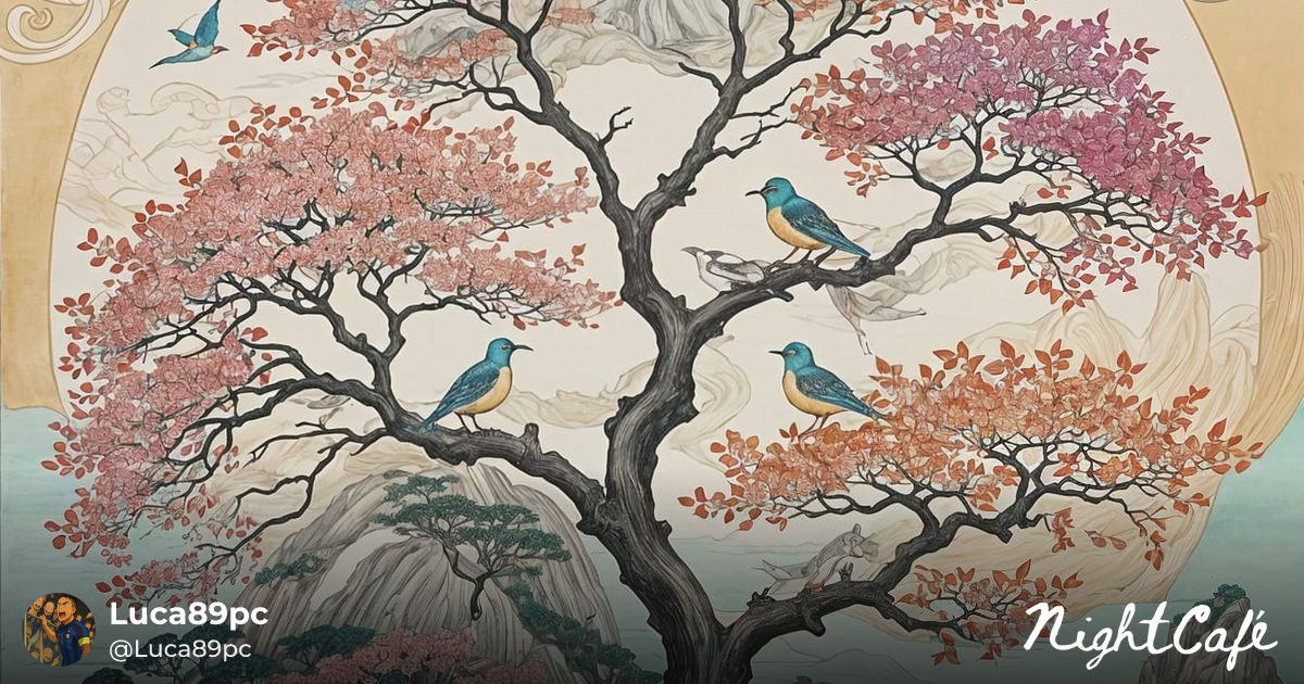 Korean tree - Ethereal Korean Tree Surrounded by Vibrant Bir...