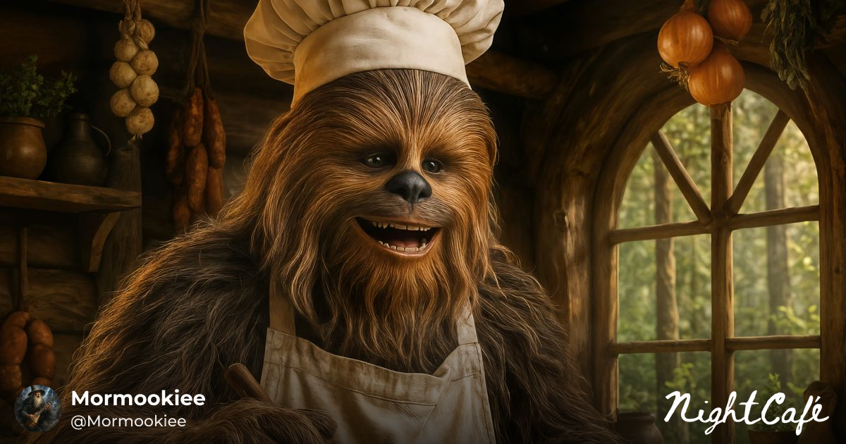 Stewbacca - Happy Chef Wookiee Cooking Stew in Forest Kitche...