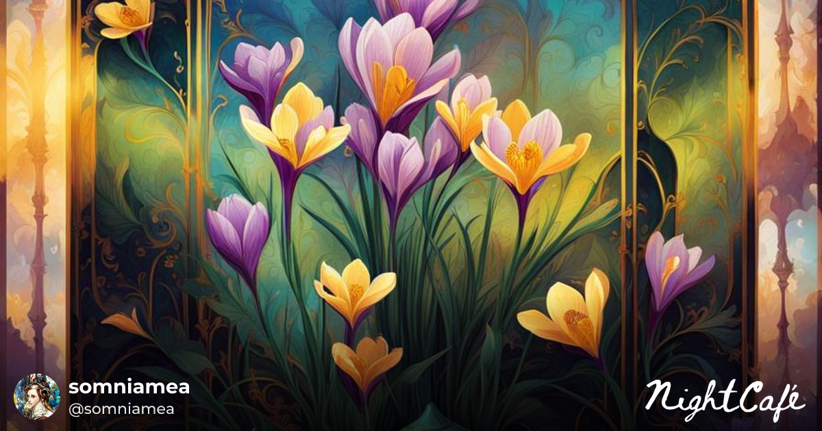 Spring Crocuses - Purple Crocus in Golden Vase Digital Paint...