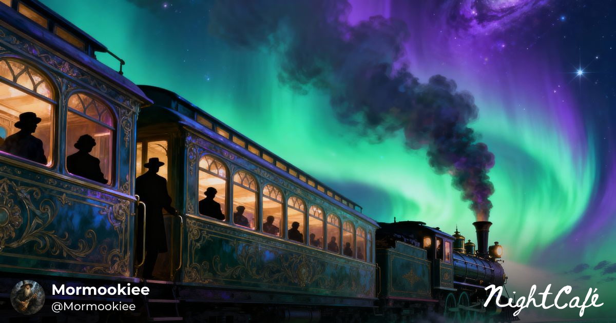 Cosmic Caboose - Cosmic Train Through Aurora Borealis Sky