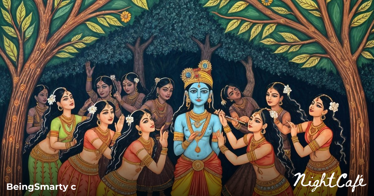 Vibrant Madhubani Art of Shri Krishna in Raas Leel... - AI Art