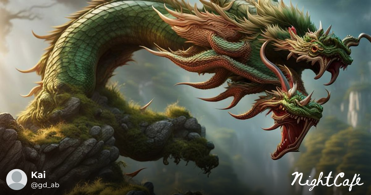 front shot, a Chinese dragon flying, forest growing on body, moss on ...