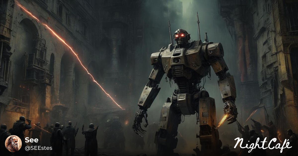 Gothic Robot Shooting Lasers in Surrealist Style - AI Art