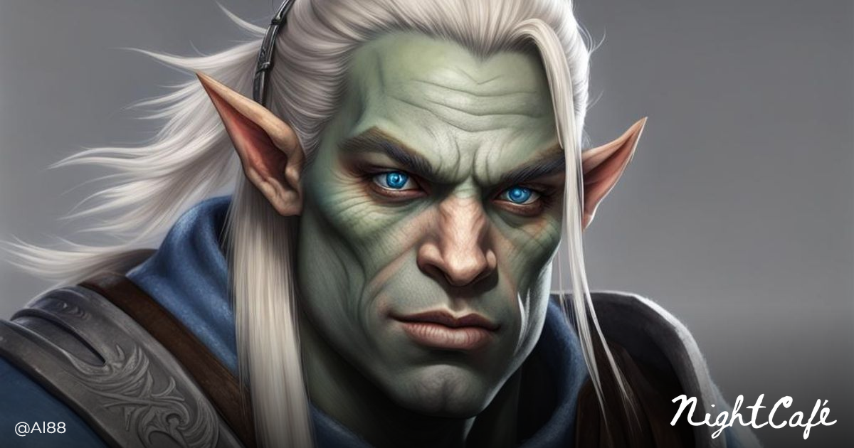 Half-Orc Character with Grey Skin and Blue Eyes - AI Art