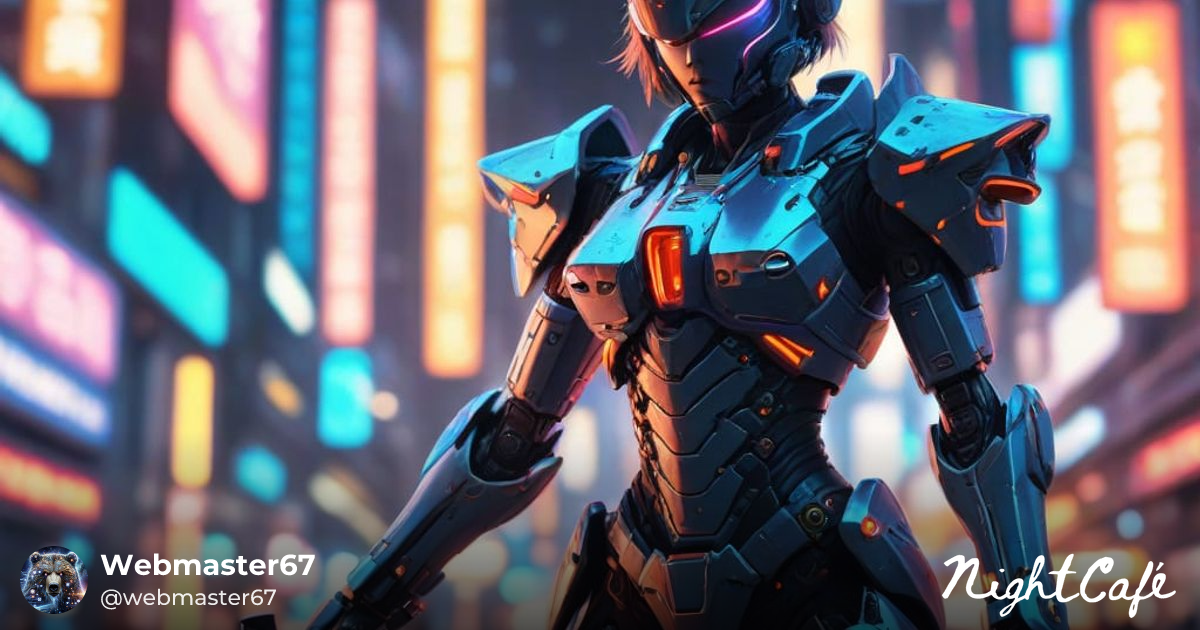 An anime style female mecha warrior dancing under neon lights