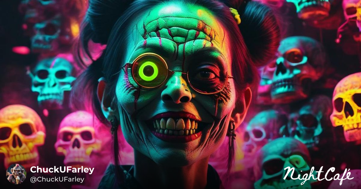 Zombie Monkey Monster Clown Woman Surrounded By Fluorescent Skulls