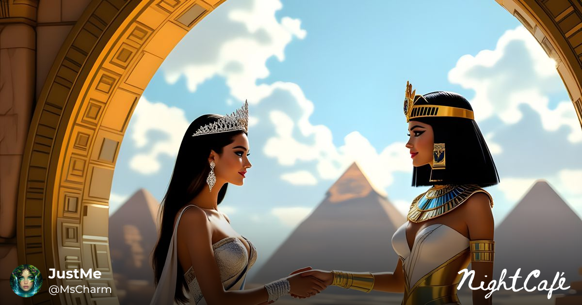 A futuristic Miss America reaching out to touch the hand of Cleopatra across a shimmering portal ...