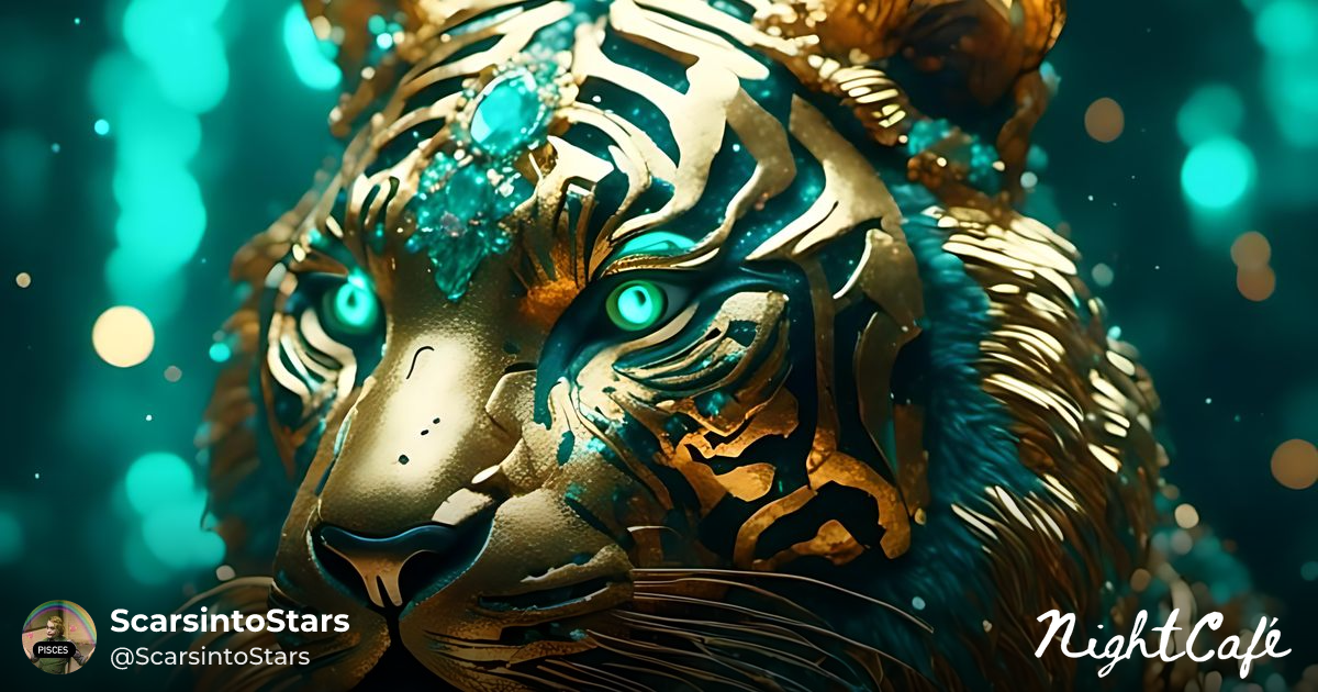 Full body exoskeleton tiger made of gold with bright emerald eyes that glow intricate...