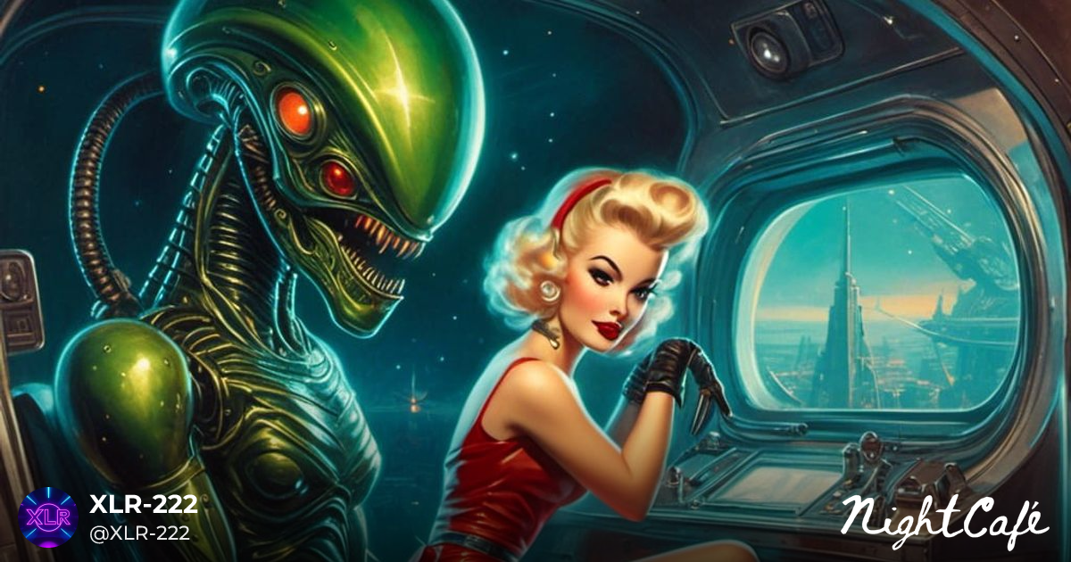 Retro Sci-Fi Alien Pinup with Spacecycle - AI Art