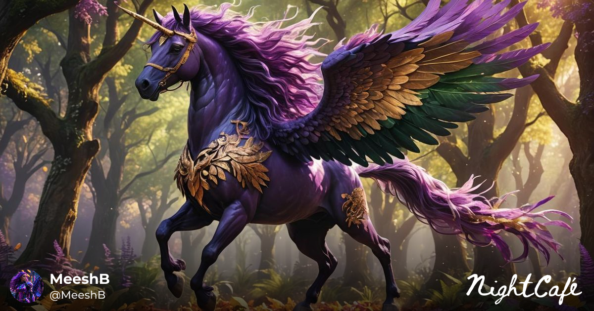 Purple Pegasus Flies Through Vibrant Forest - AI Art