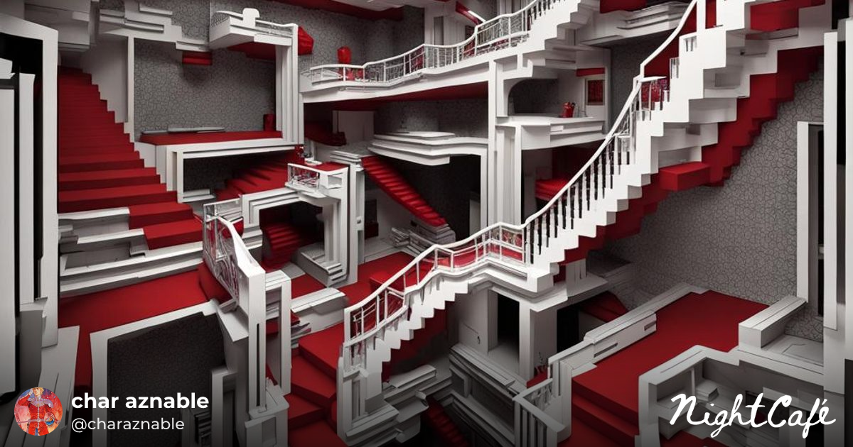 Monochrome Infinite Staircase Maze with Red Focal ... - AI Art