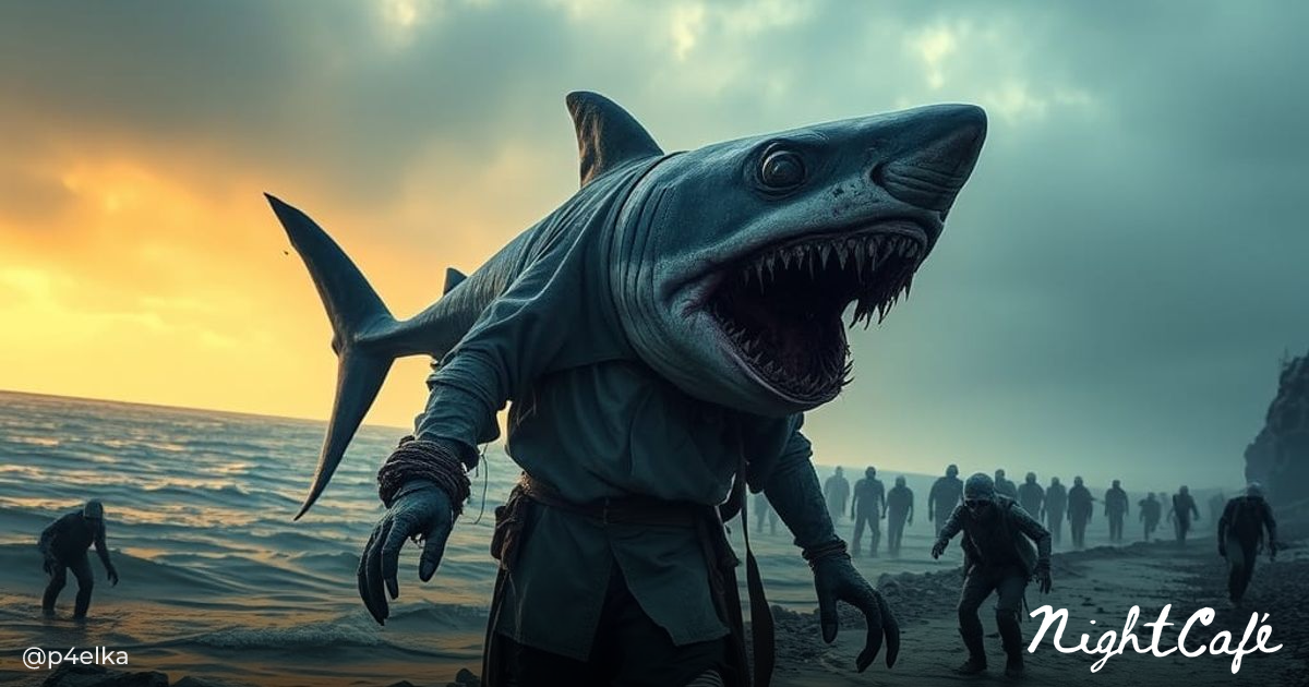 Mutant Zombie Shark Walks Apocalyptic Shore - AI Art