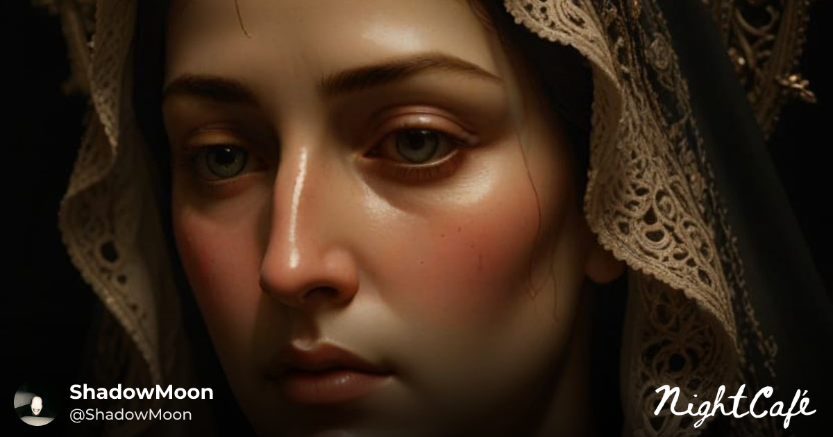 portrait of a sorrowful Marian statue with life-like features, bathed in warm directional lighting.