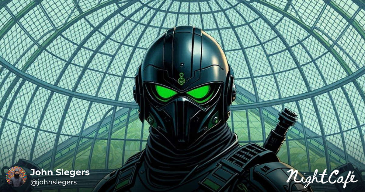 Cyborg Ninja Soldier Guards Futuristic Greenhouses... - AI Art