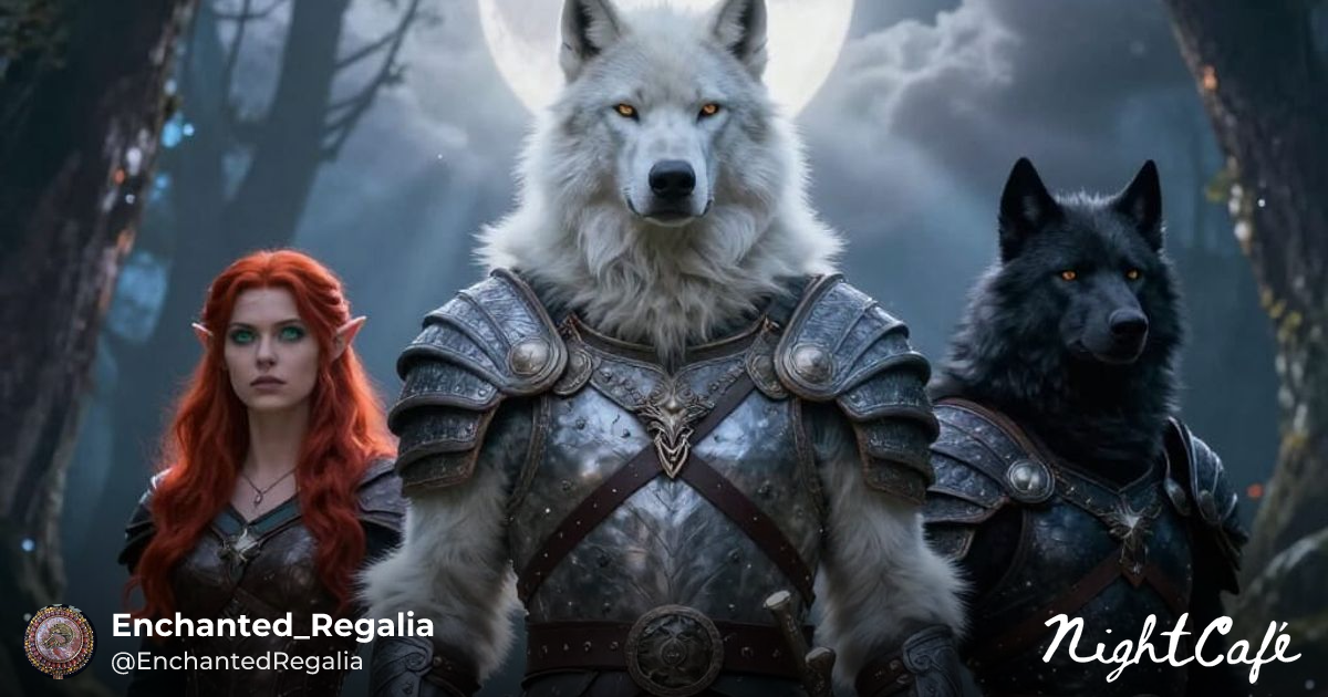 Werewolf Vikings and Elven Warrior in Moonlit Fore... - AI Art