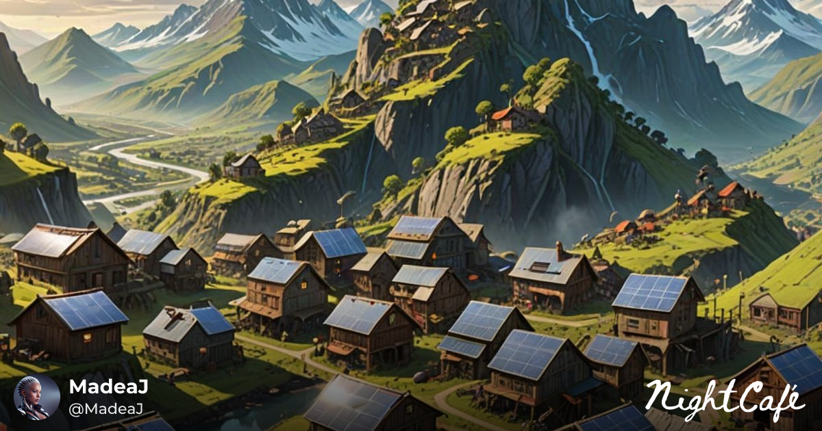 Solarpunk farming mountain settlement