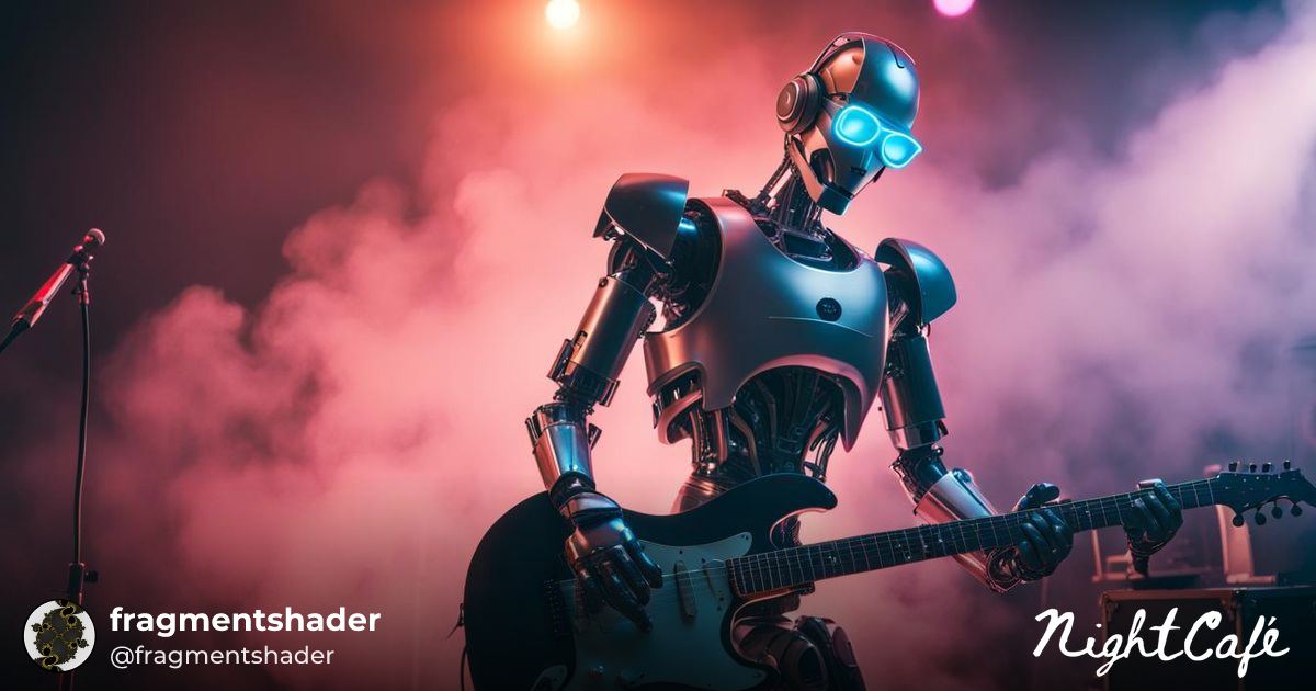 Robot Cyborg Rocks Electric Guitar on Smoky Stage - AI Art