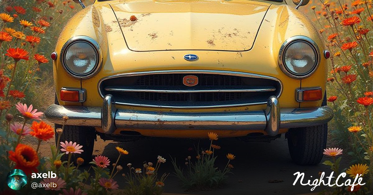 A yellow Subaru 360 surrounded by flowers