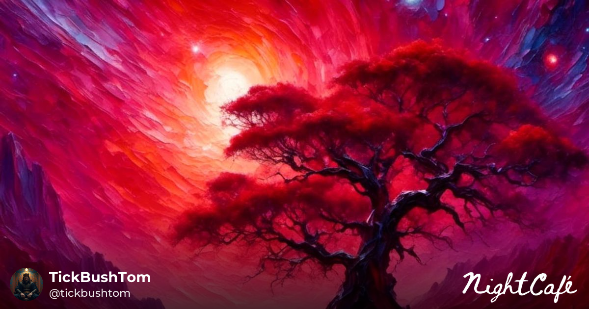 Red Bonsai - Crimson Trees Under Starlight: An Impasto Unive...