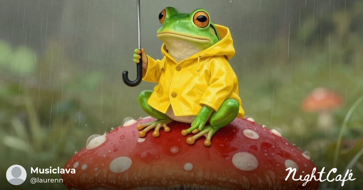 Chillin’ - Whimsical Frog in Raincoat on Mushroom