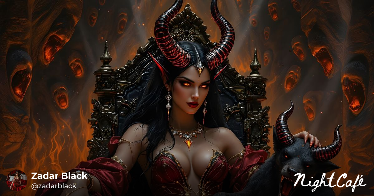 Photorealistic and ultra detailed picture of Lilith the devil queen. Amidst obsidian thrones ...