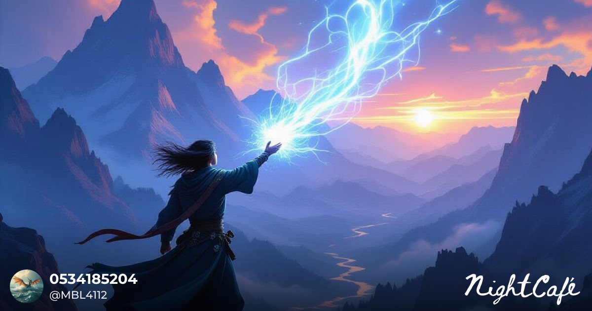 Young Mage Conjuring Spell on Mountaintop - AI Art