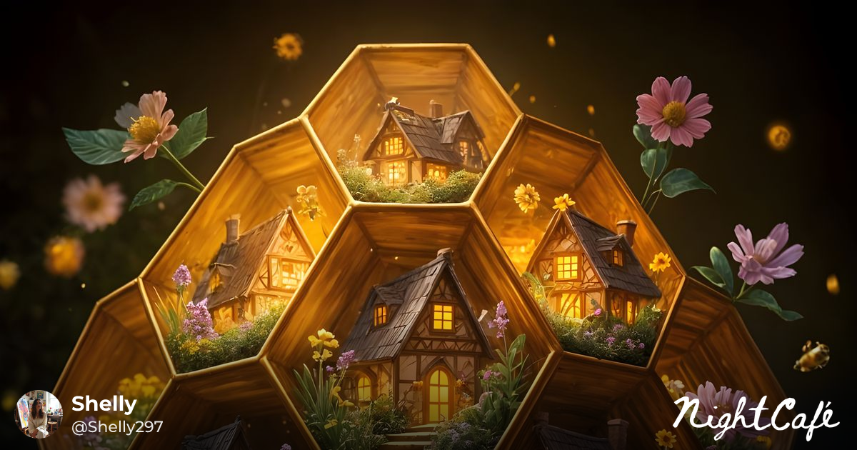 Hive Town - Whimsical Honeycomb Village with Glowing Cottage...