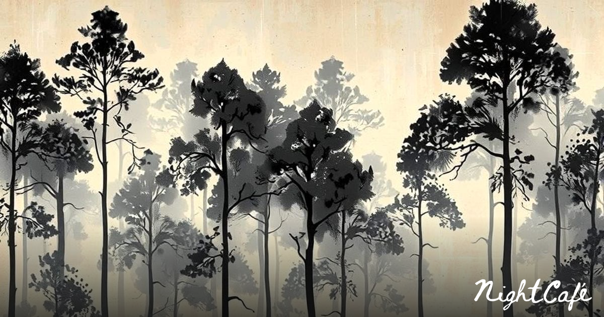 A grayscale artwork depicts a misty forest scene with tall trees ...