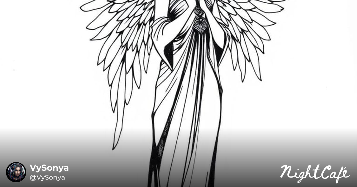 A minimalist ink drawing of beautiful Angel woman with clean ...
