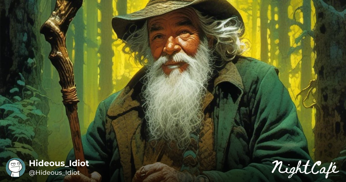 a happy old hobo man with a walking stick in a deep green forest